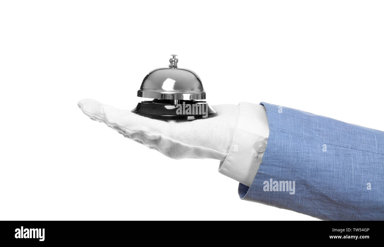 Man holding bell on white background Stock Photo - Alamy