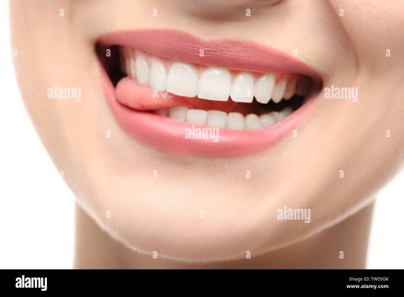 Beautiful young woman with healthy teeth on white background Stock ...