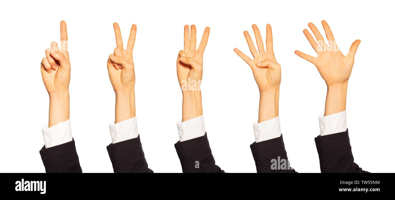 Female counting hands with number gestures on white Stock Photo - Alamy