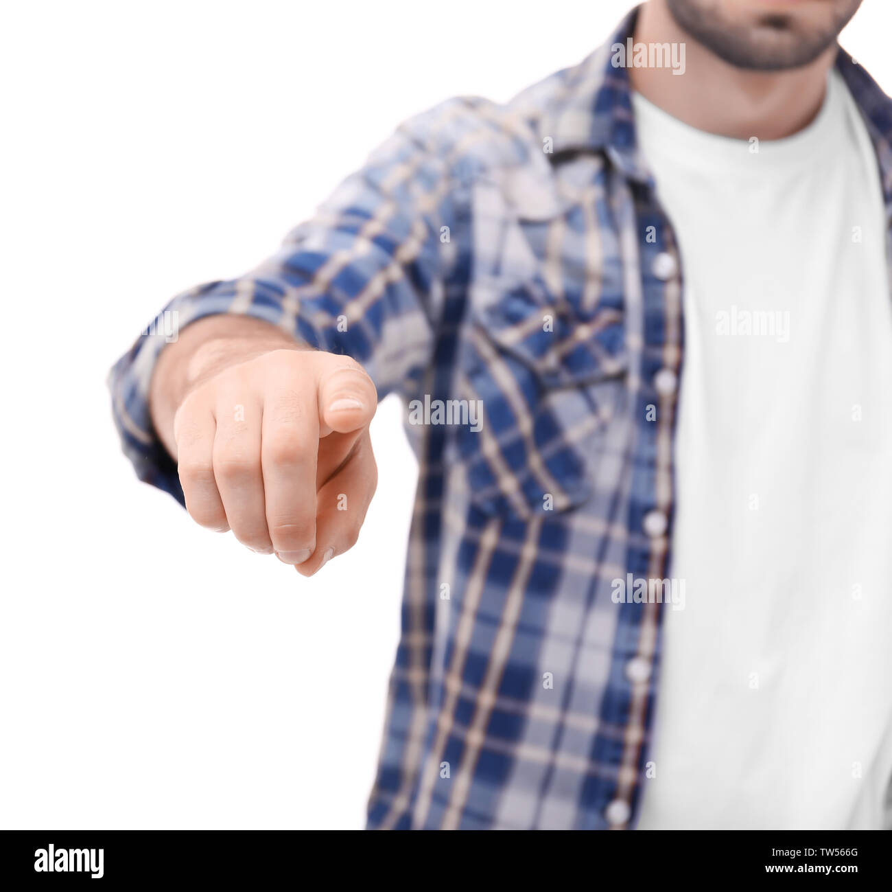Young man using virtual screen, on white background Stock Photo - Alamy