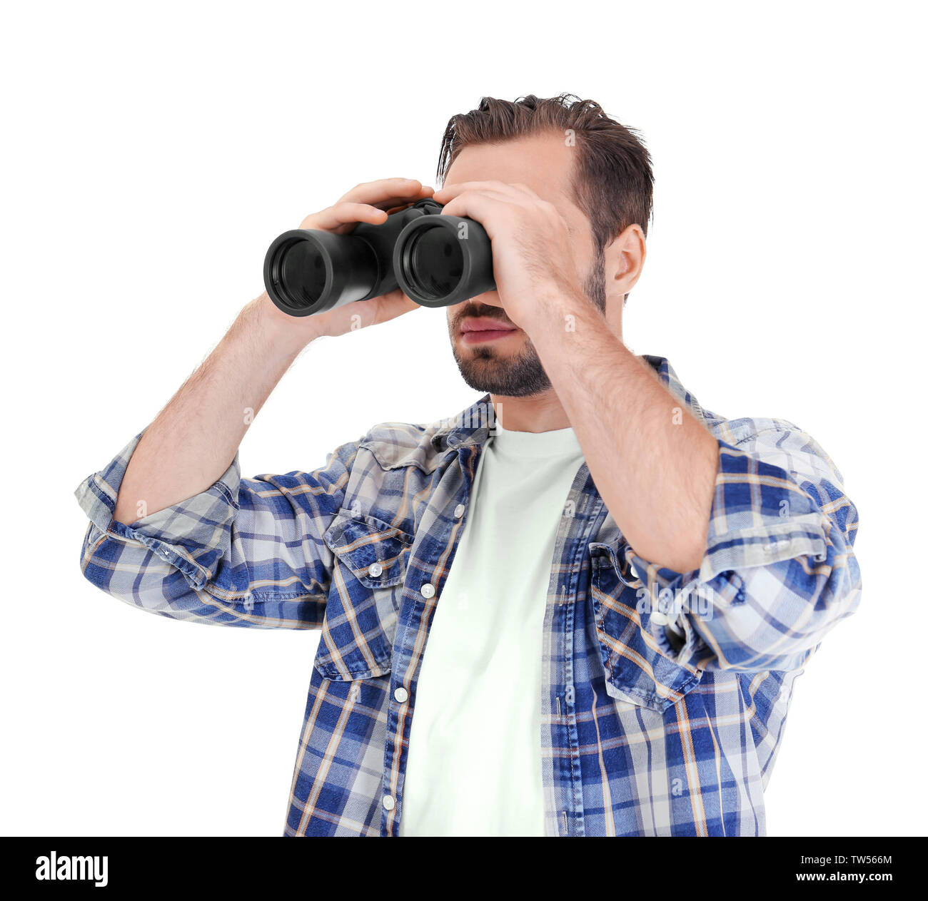 Handsome young man with binocular on white background Stock Photo - Alamy