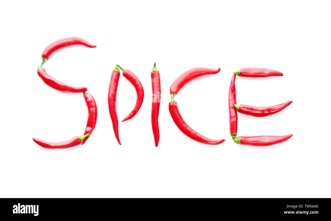 Word Spice made of red chili peppers isolated on white Stock Photo - Alamy