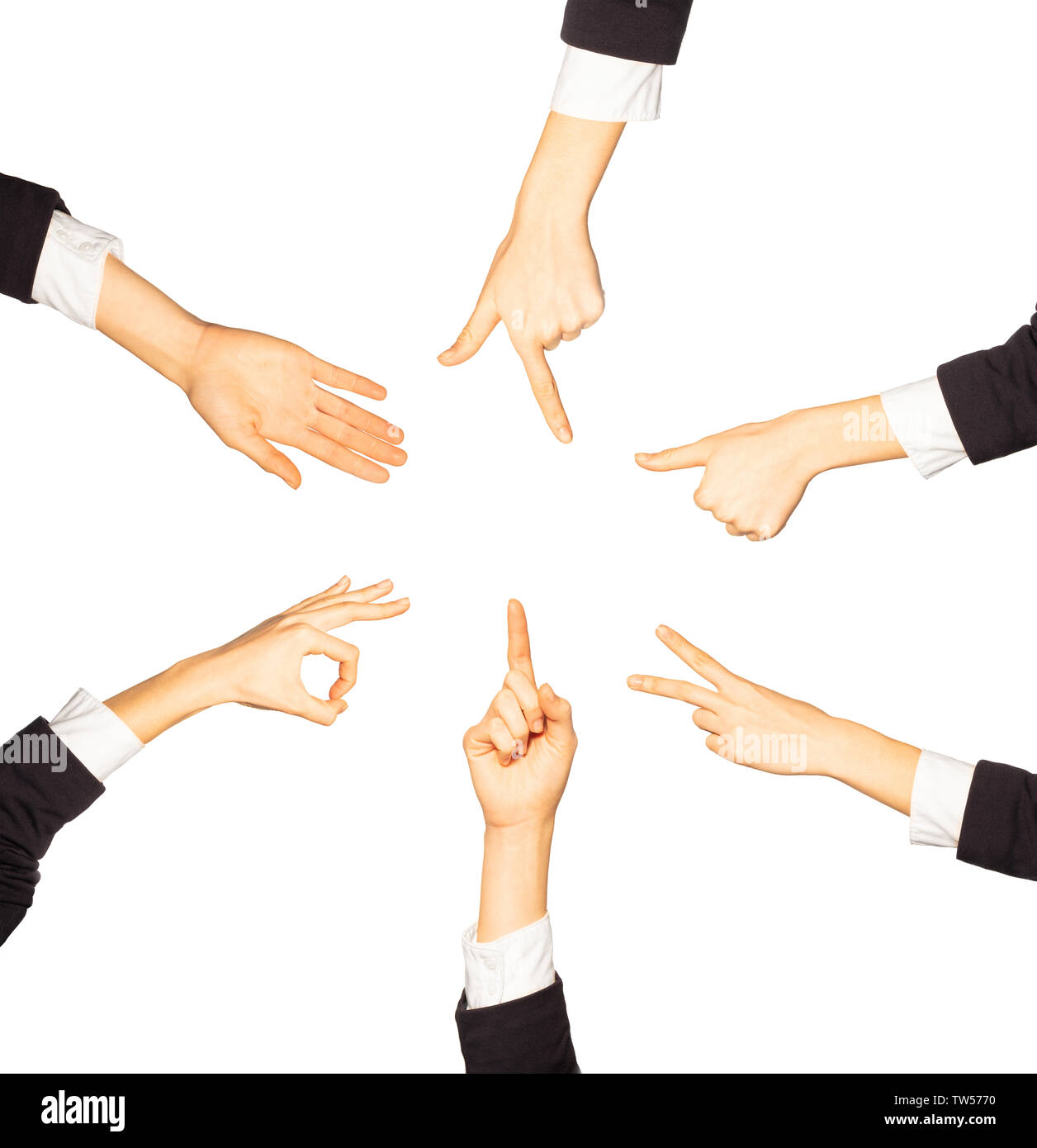 Female hands different finger gestures in a circle Stock Photo - Alamy