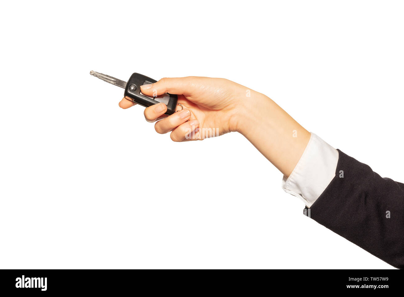 Woman's hand holding alarm key fob of the car Stock Photo - Alamy