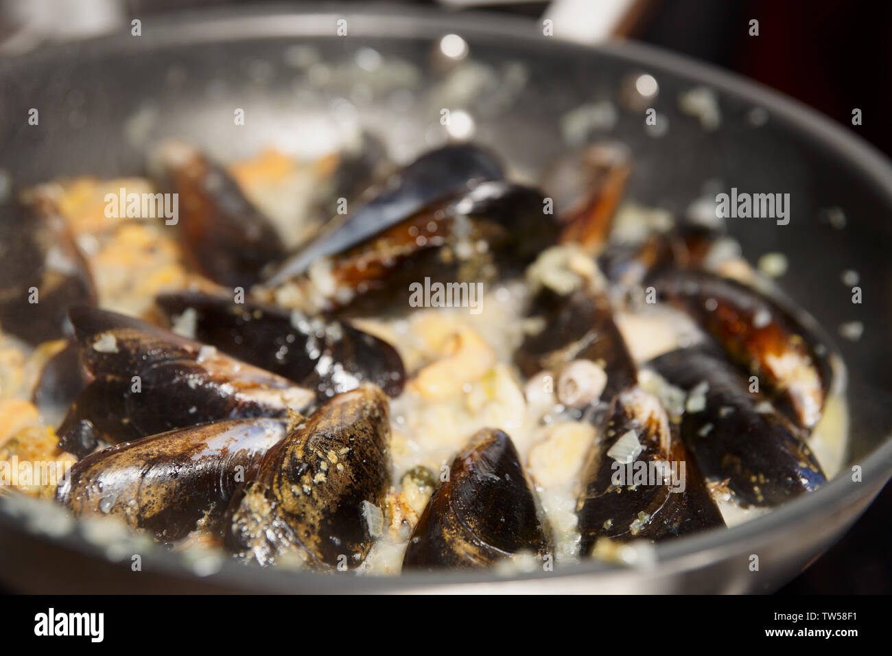 Mussels being fried in pan on commercial kitchen in restaurant Stock ...