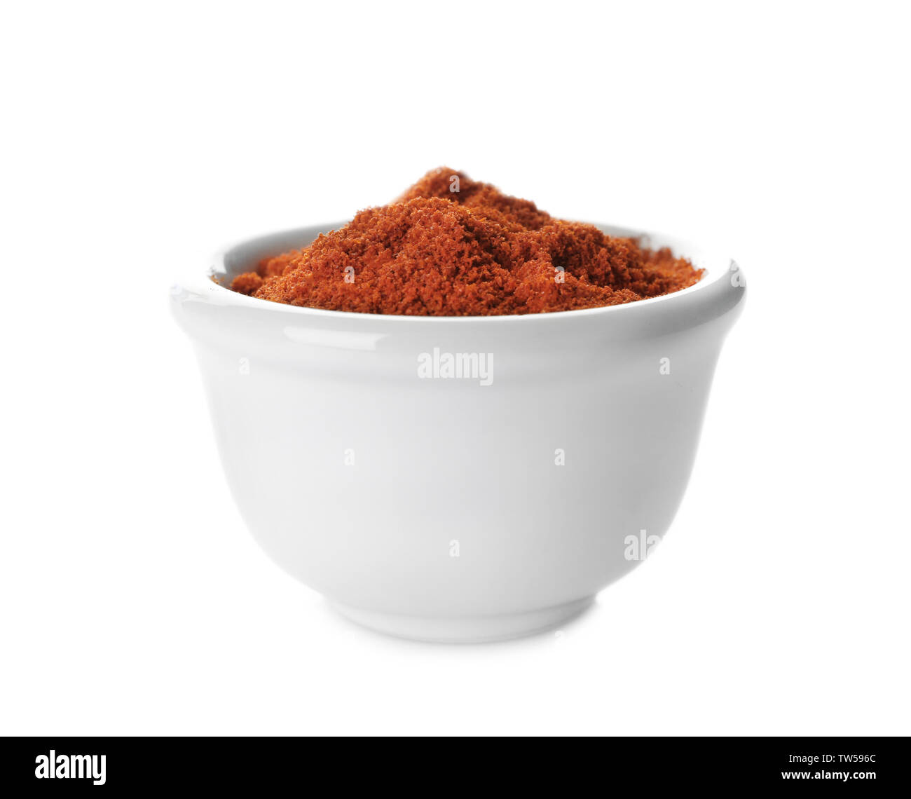 Pile of red chili powder in ceramic bowl isolated on white Stock Photo ...