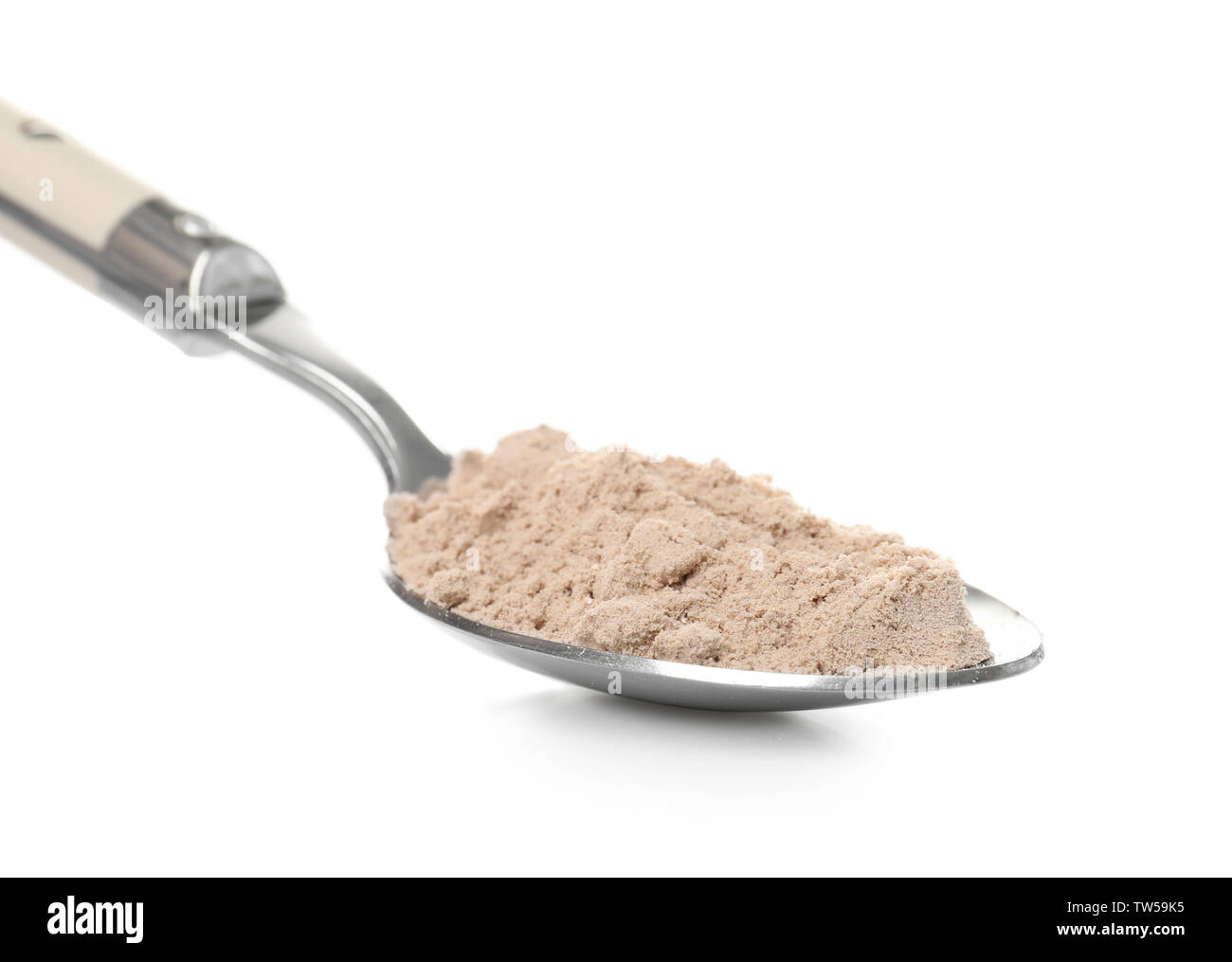Spoon with protein powder on white background Stock Photo - Alamy