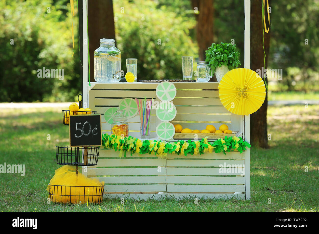 Wooden lemonade stand in park Stock Photo - Alamy