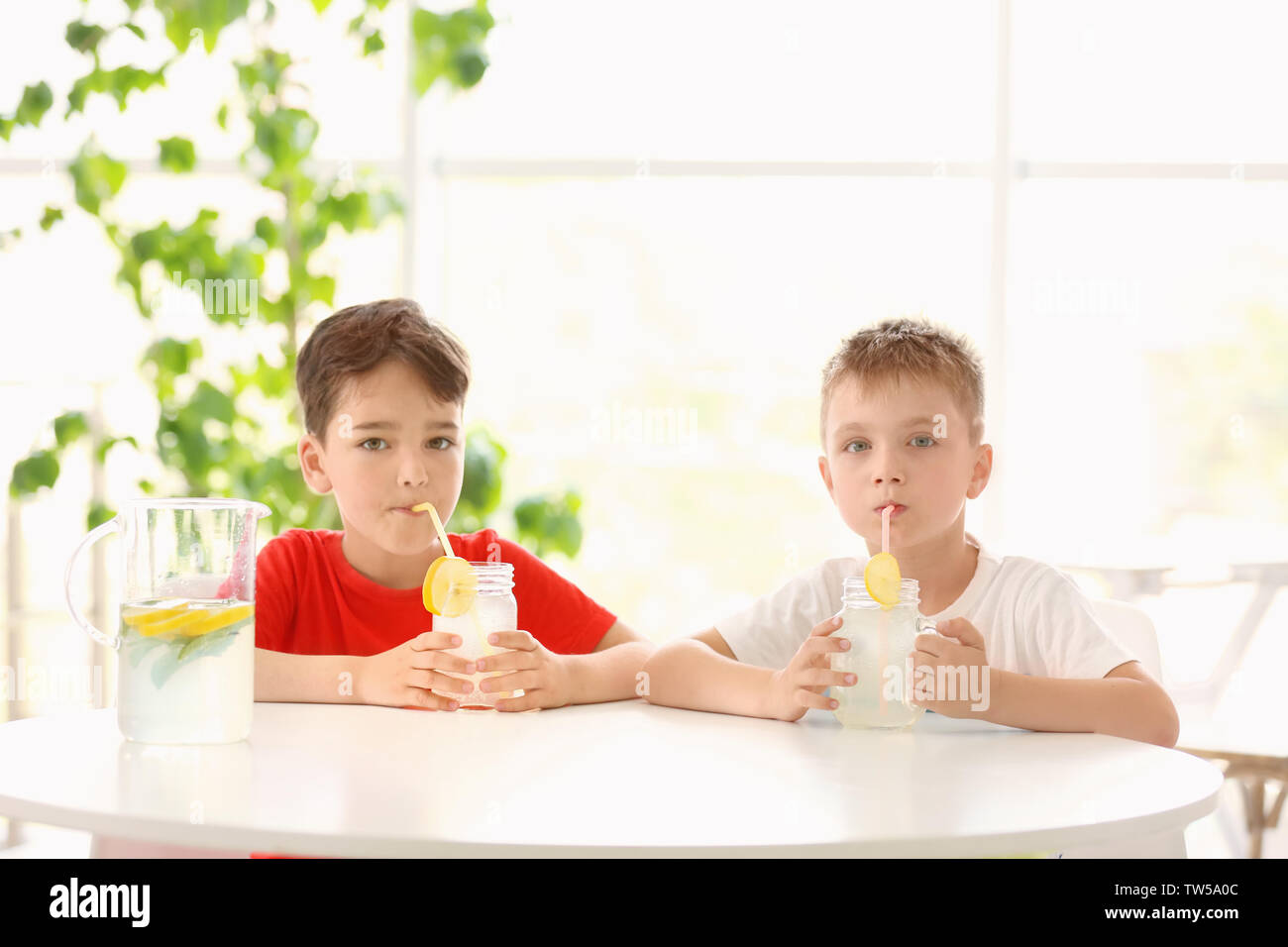 Cute boys drinking fresh lemonade in cafe Stock Photo - Alamy