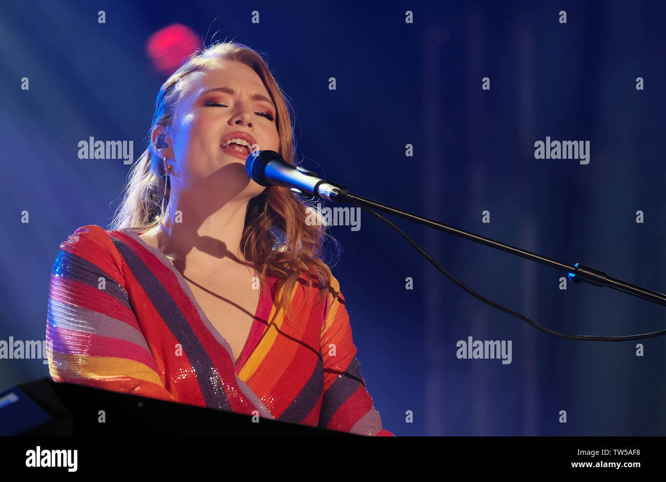 June 14th 2019. Freya Ridings performing on stage, Newport, IOW ...