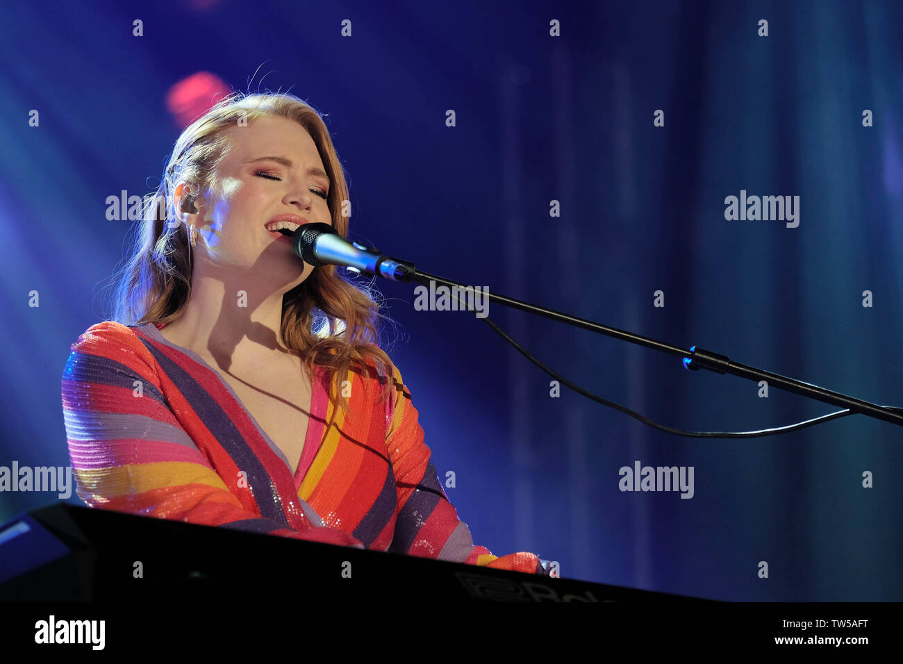 June 14th 2019. Freya Ridings performing on stage, Newport, IOW ...