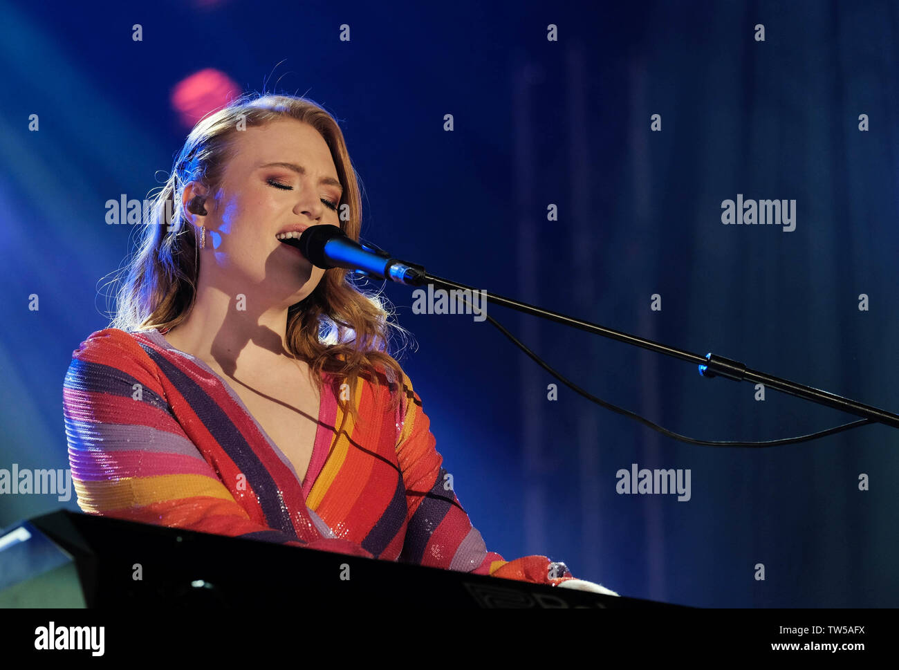 June 14th 2019. Freya Ridings performing on stage, Newport, IOW ...