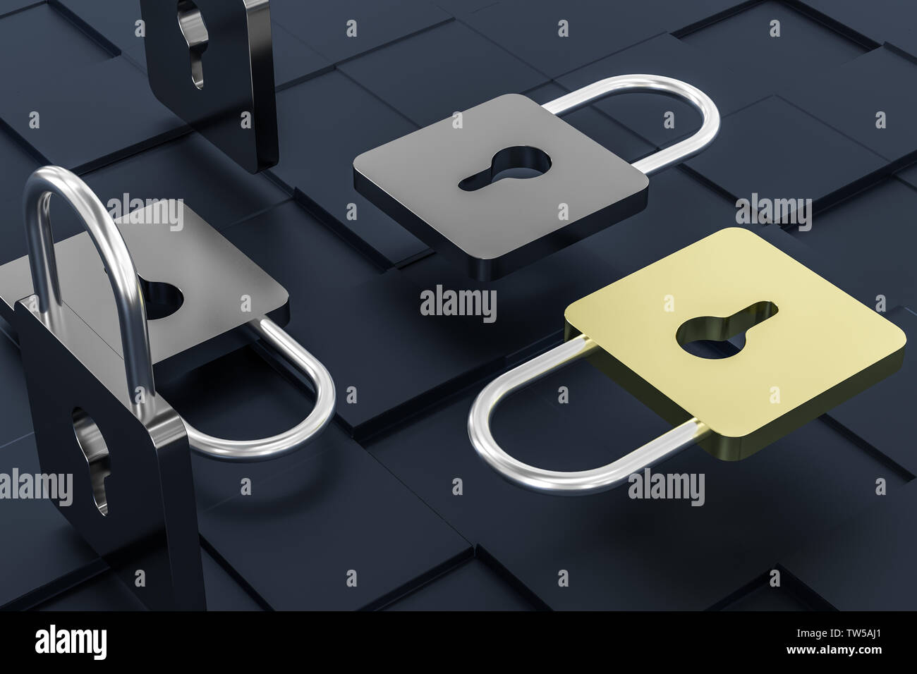 Three-dimensional rendering, metal encryption lock with tech background ...
