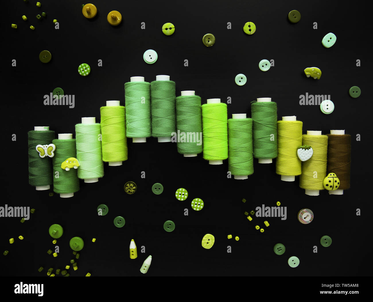 Green composition with threads and buttons on black background Stock ...