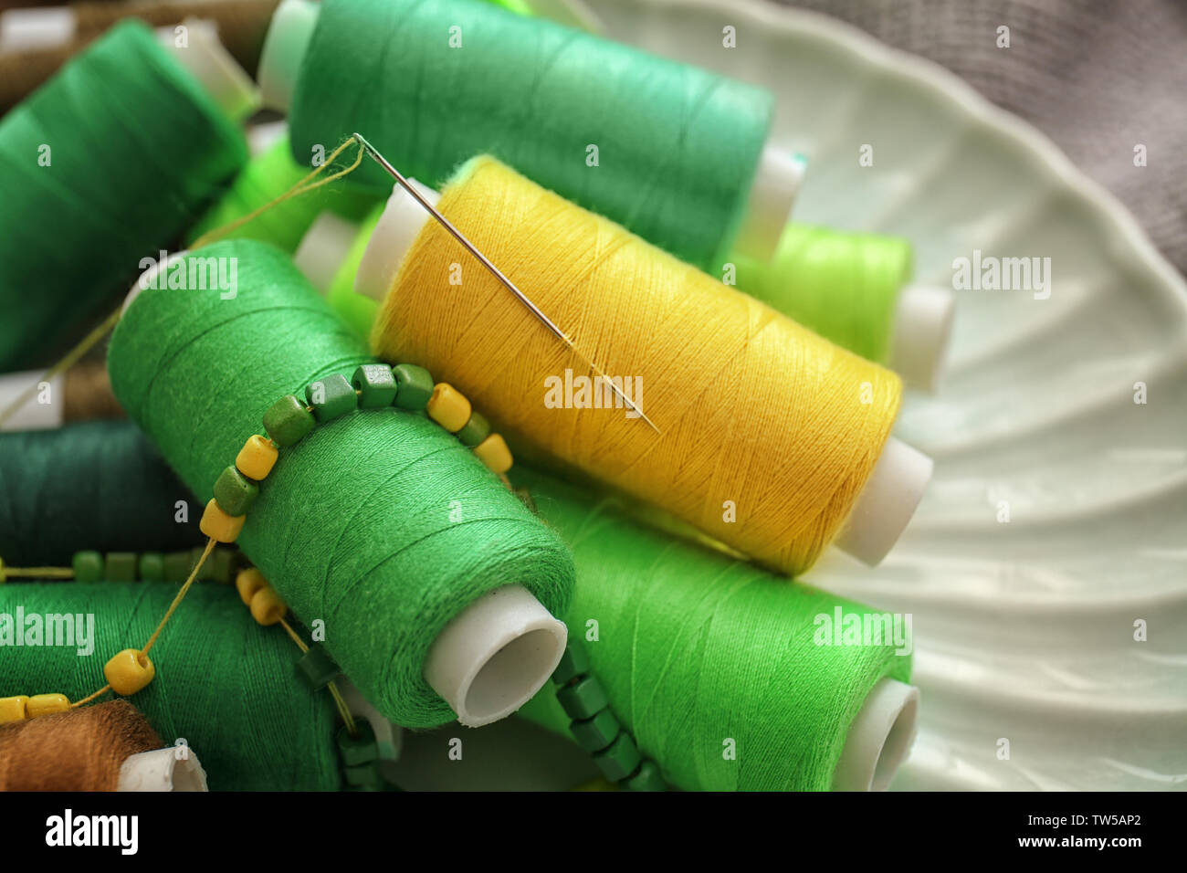 Plate with green threads, close up Stock Photo - Alamy