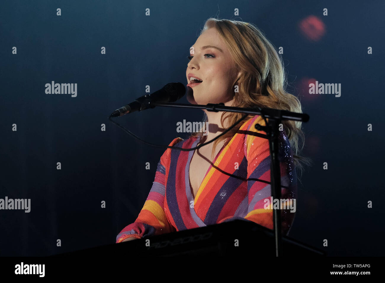 June 14th 2019. Freya Ridings performing on stage, Newport, IOW ...