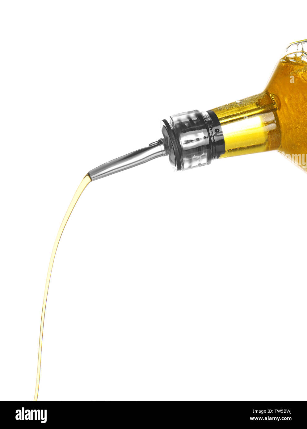 Pouring cooking oil from glass bottle, isolated on white Stock Photo ...