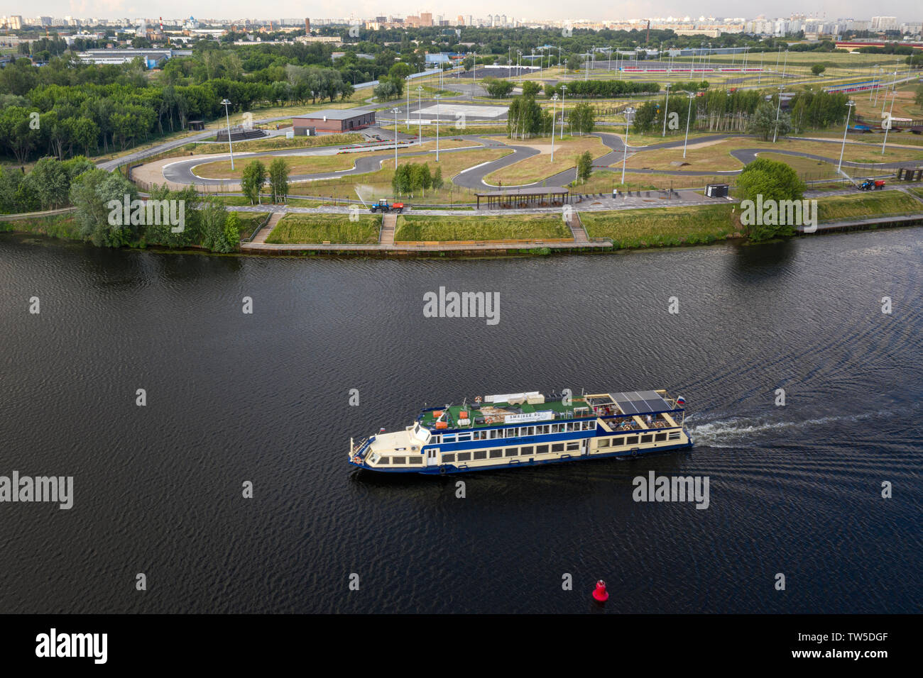 Aerial view of the Moscow river, embankment and go-kart racing in the ...