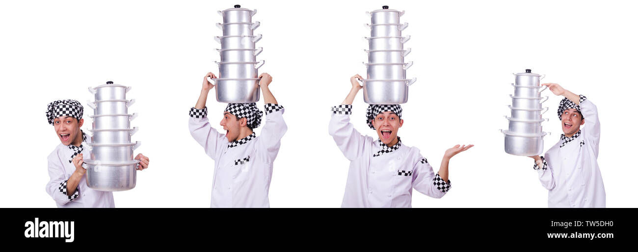 Cook with stack of pots on white Stock Photo - Alamy