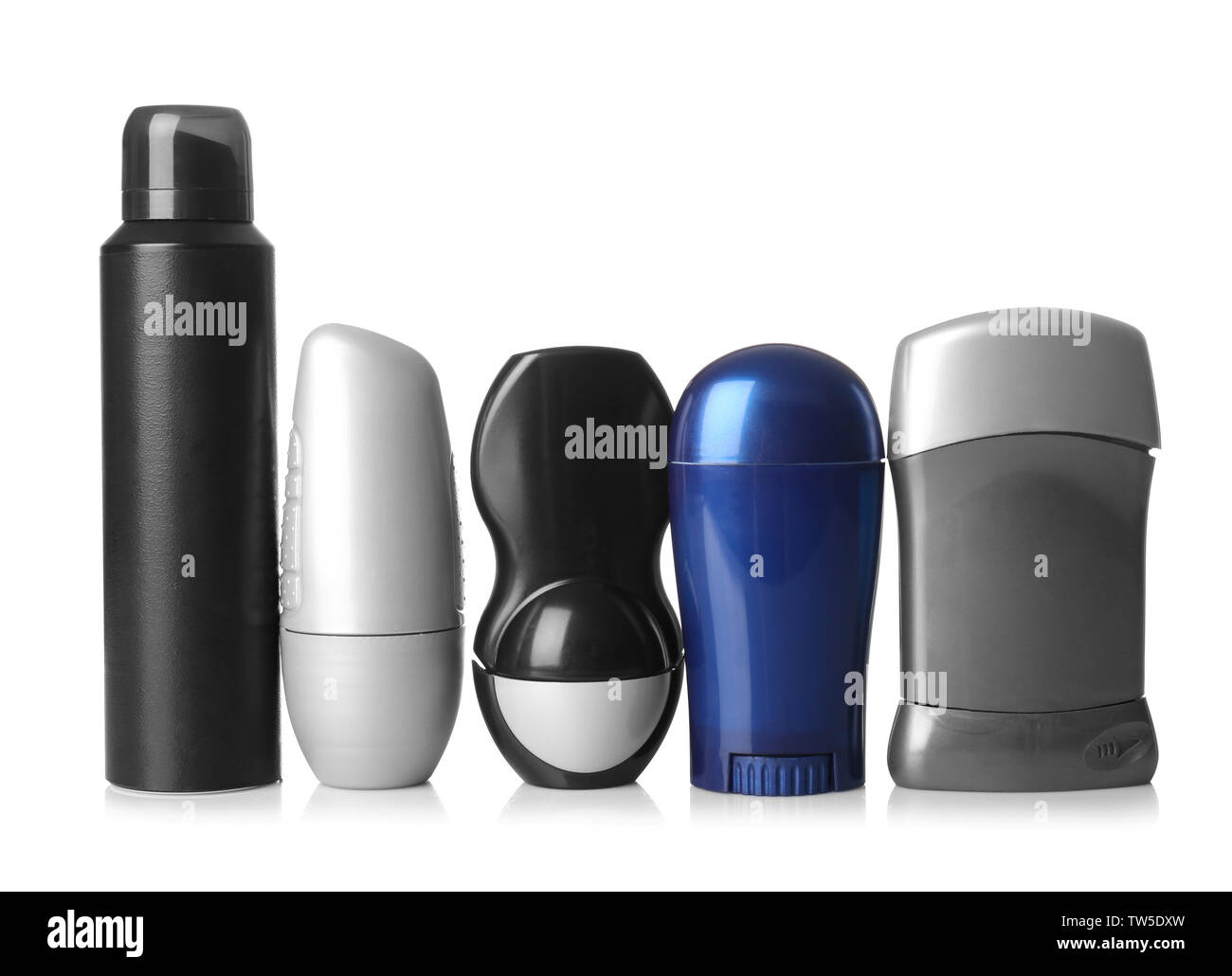 Various deodorants for men on white background Stock Photo - Alamy