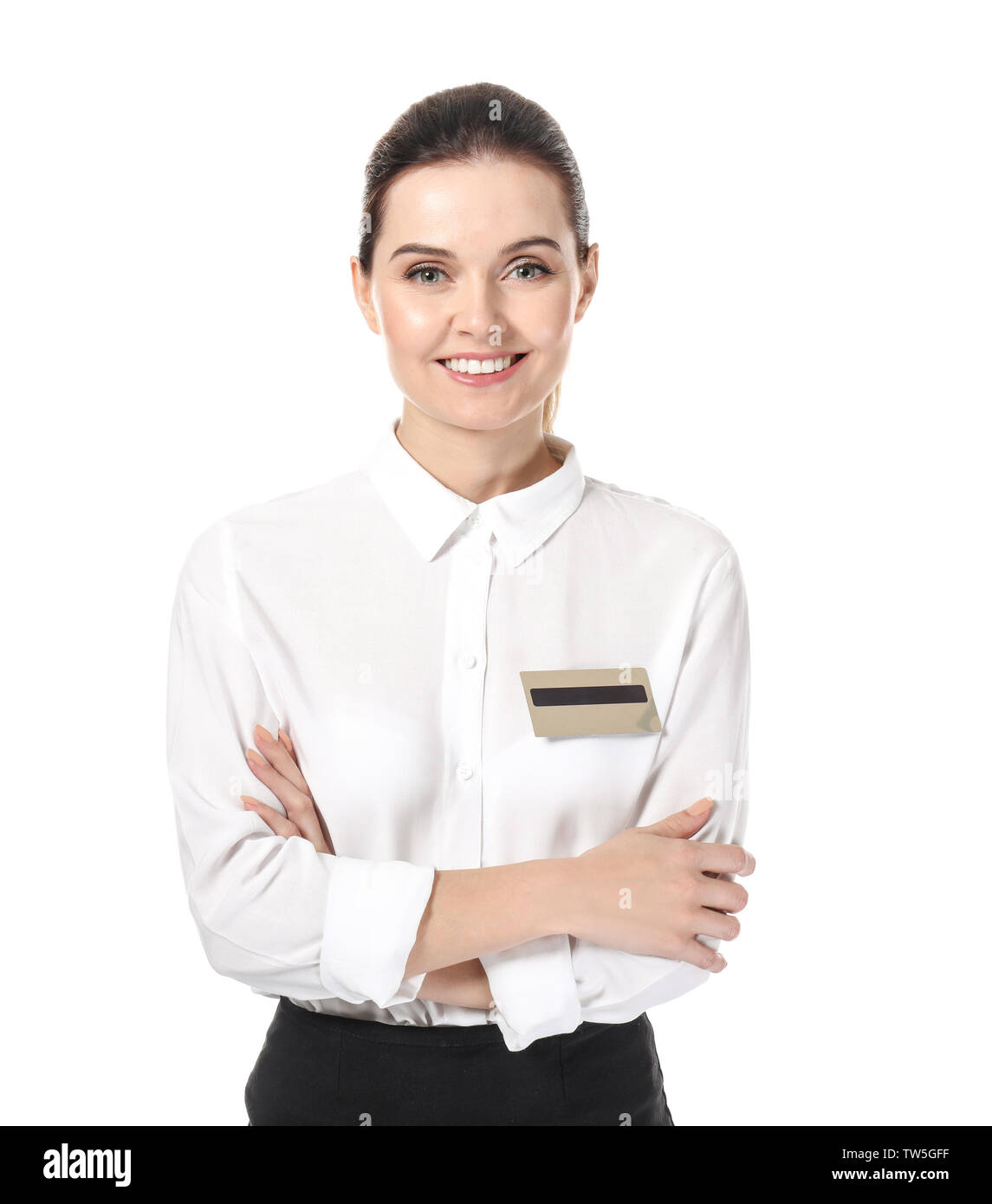 Female receptionist on white background Stock Photo - Alamy