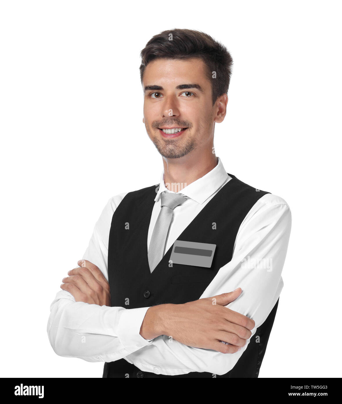 Male receptionist on white background Stock Photo - Alamy