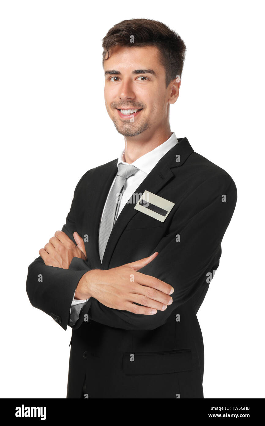 Male receptionist on white background Stock Photo - Alamy