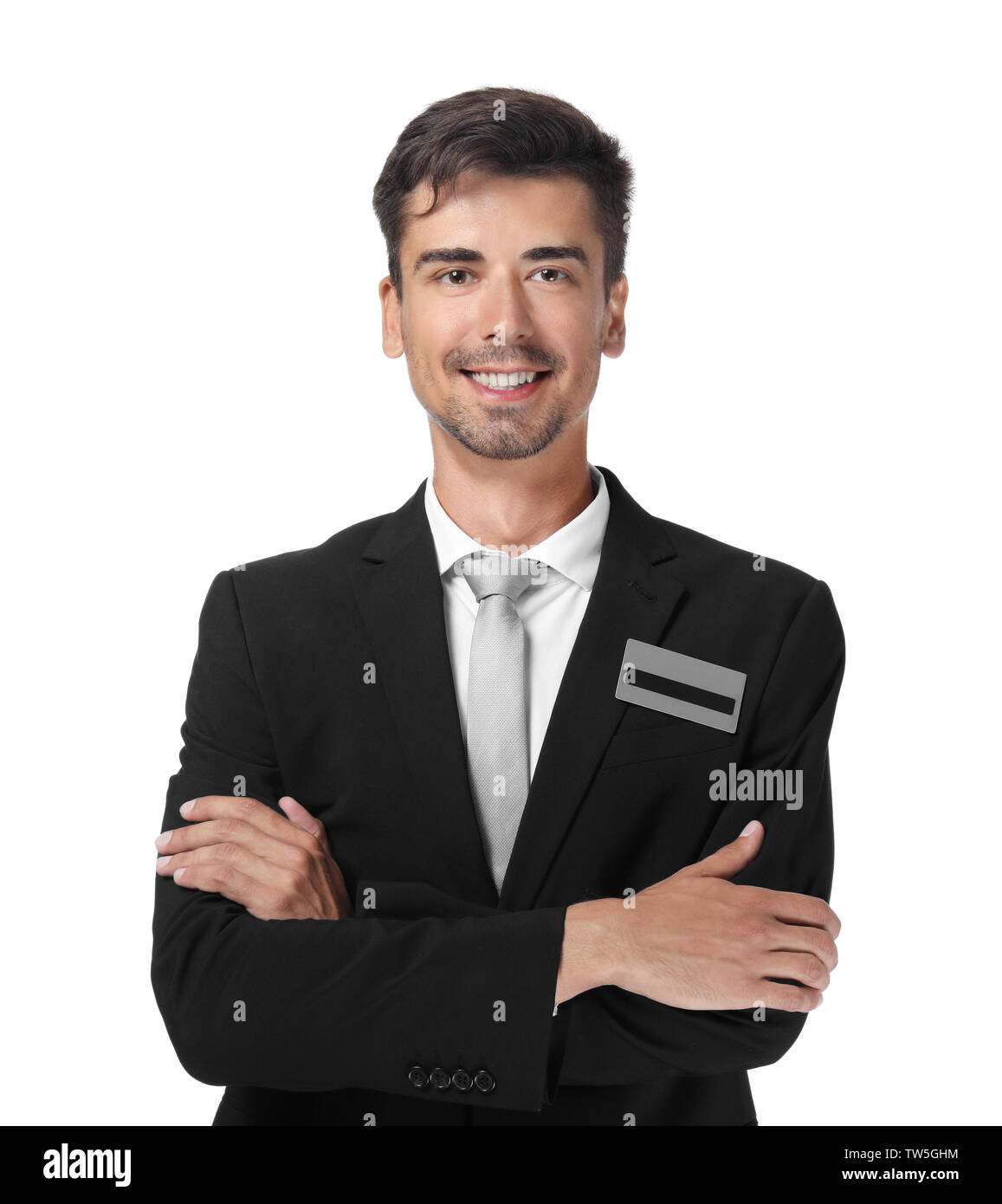 Male receptionist on white background Stock Photo - Alamy
