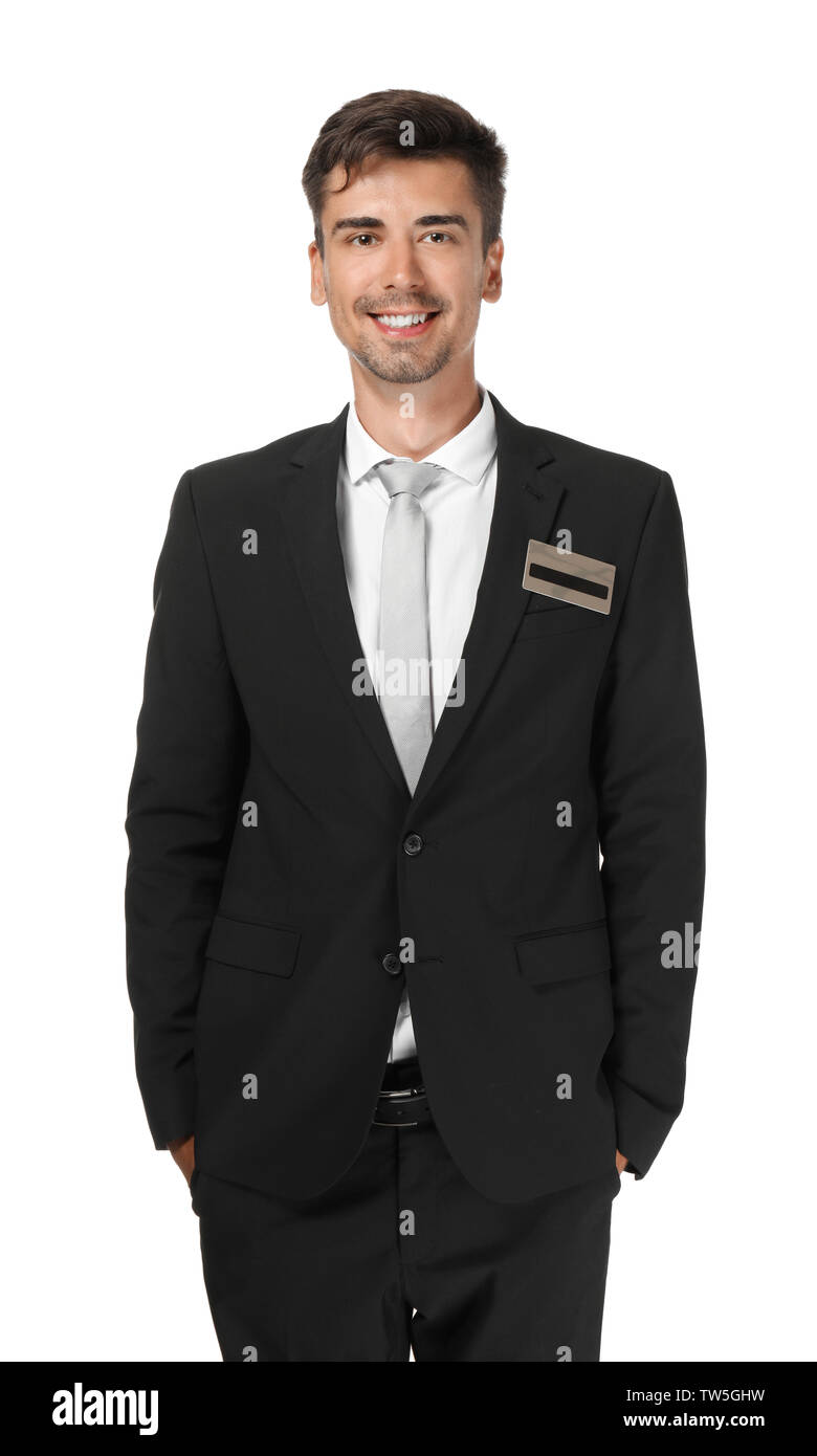 Male receptionist on white background Stock Photo - Alamy