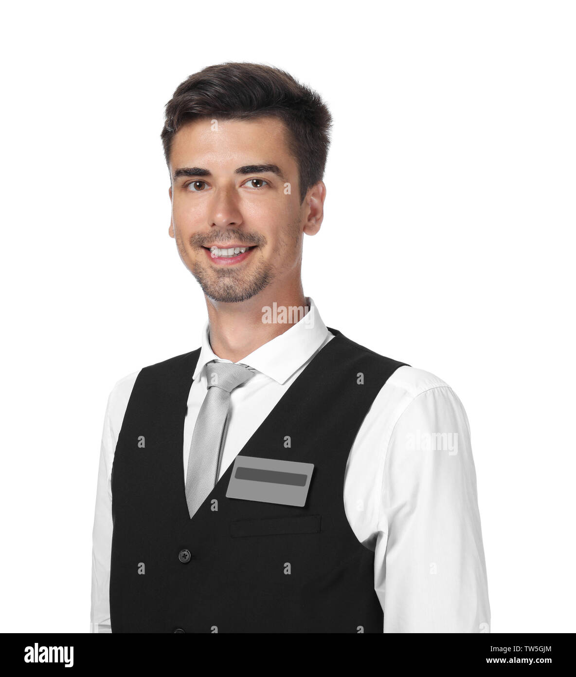 Male receptionist on white background Stock Photo - Alamy