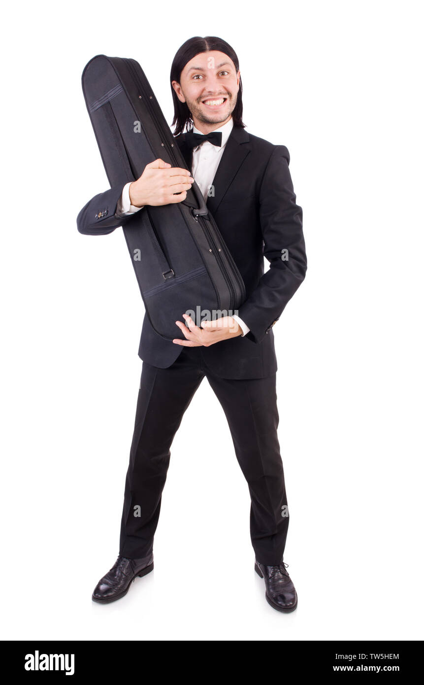 Man with violin case isolated on white Stock Photo - Alamy