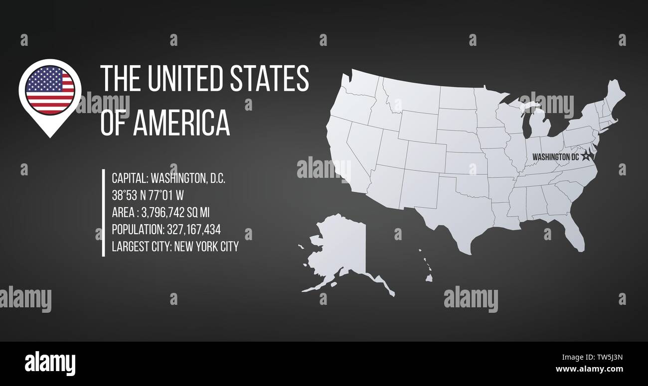 US Map with general information and flag in the map pin. Infographics ...