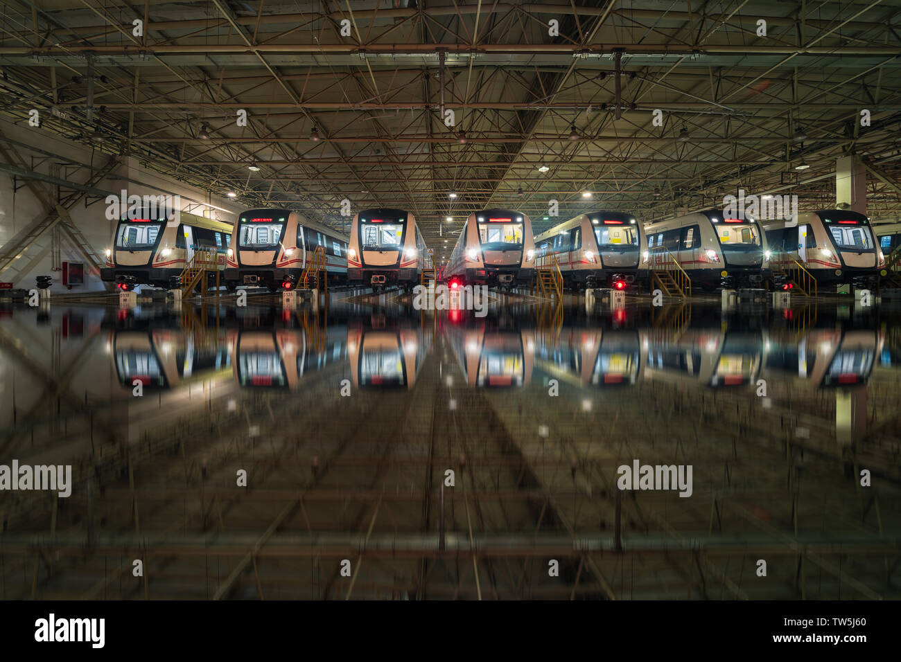 Inside view of subway train parking garage Stock Photo - Alamy
