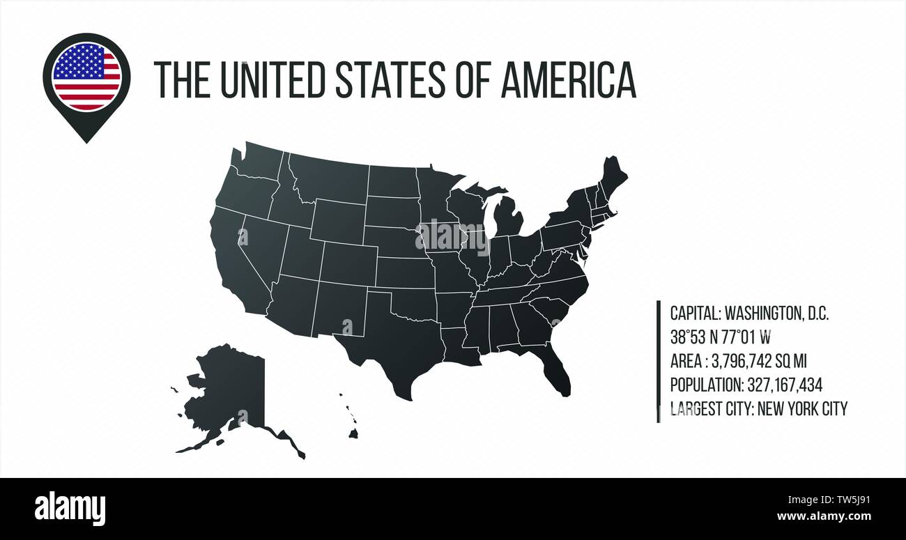 US Map with general information and flag in the map pin. Infographics ...
