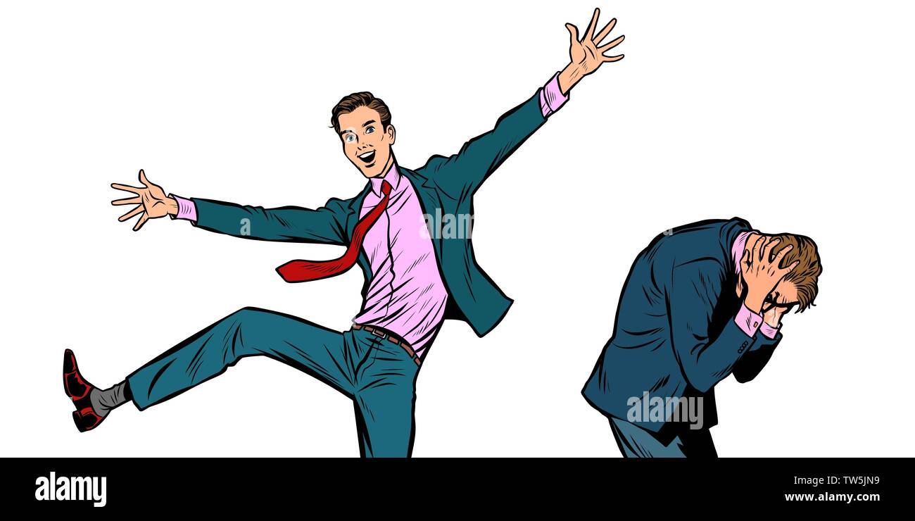 two businessmen. different emotions happiness joy smile and panic ...