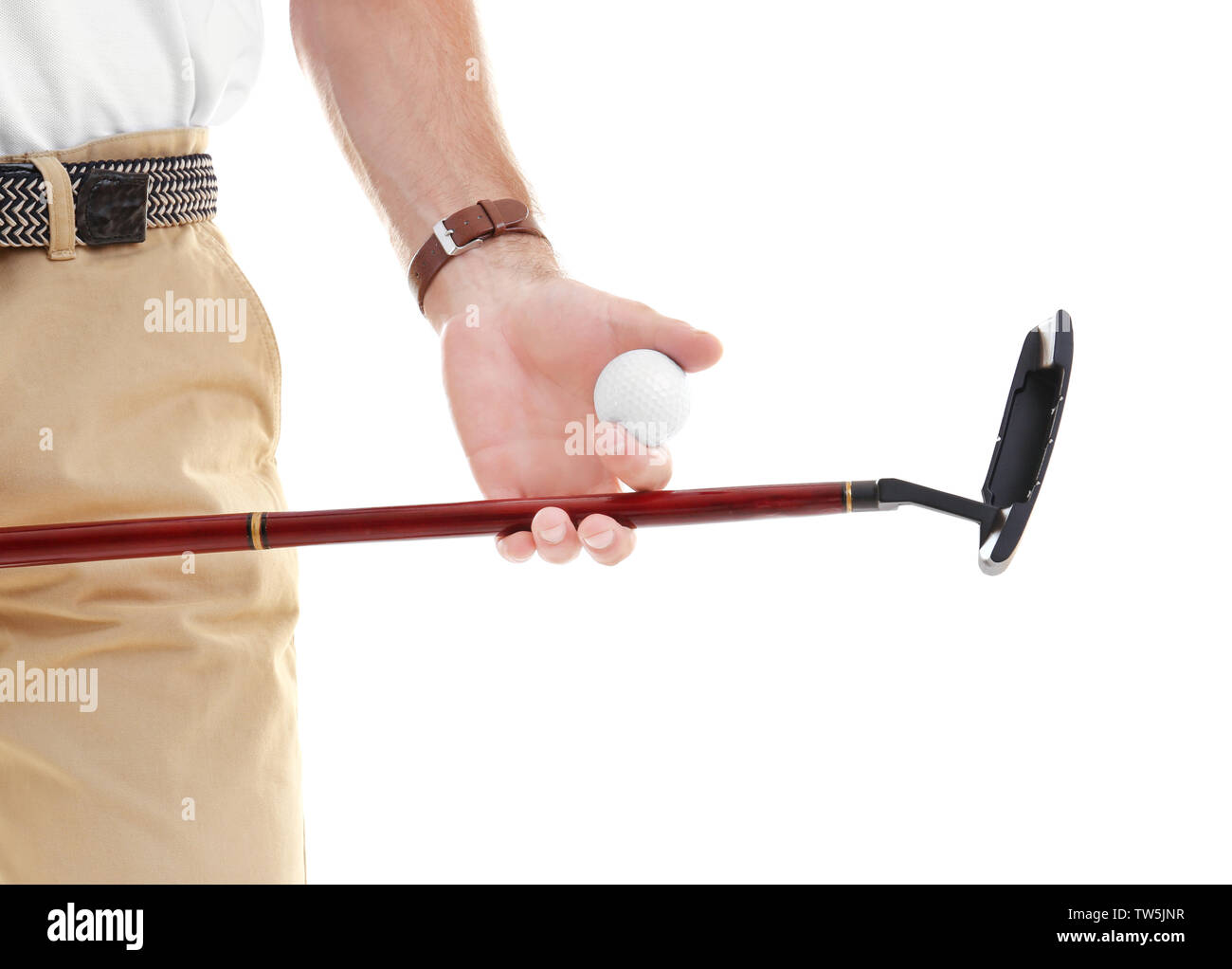 Man with golf club and ball on white background, closeup Stock Photo ...
