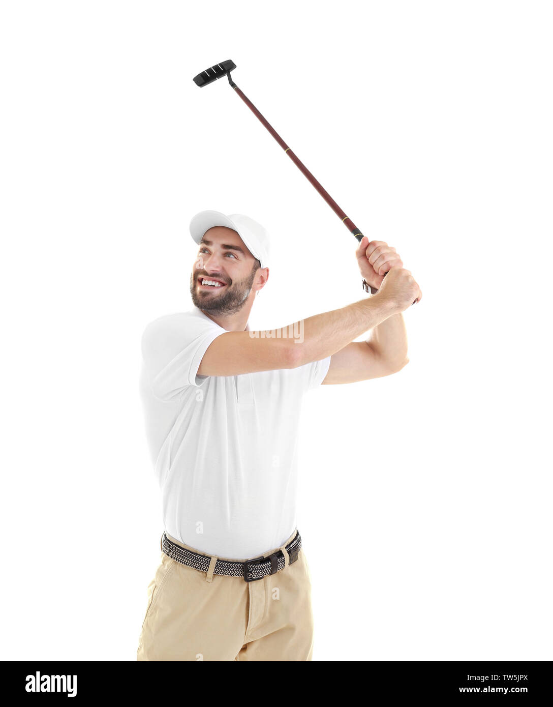 Man swinging with golf club on white background Stock Photo - Alamy