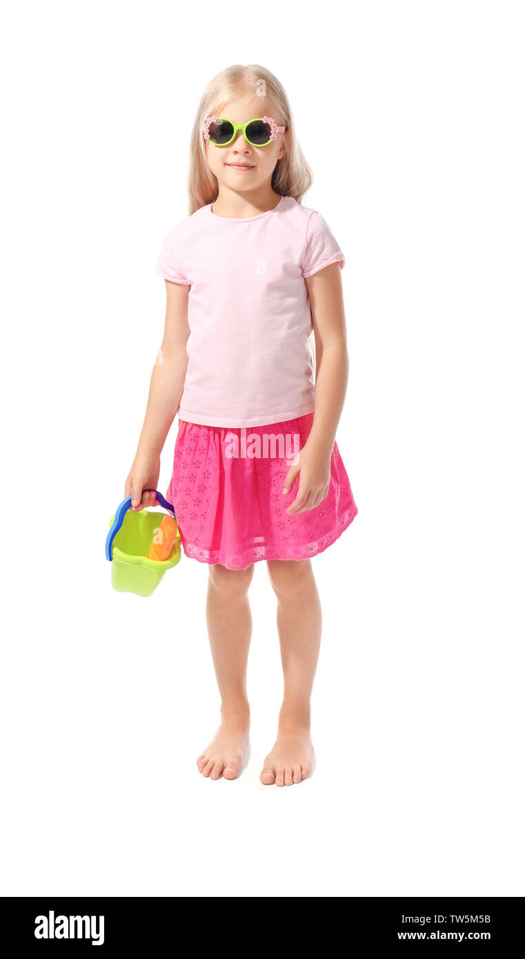 Cute little girl with beach accessories on white background. Summer ...