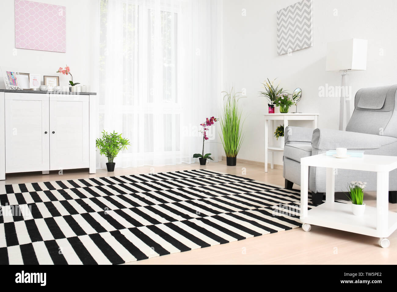 Modern living room design with big striped carpet Stock Photo - Alamy