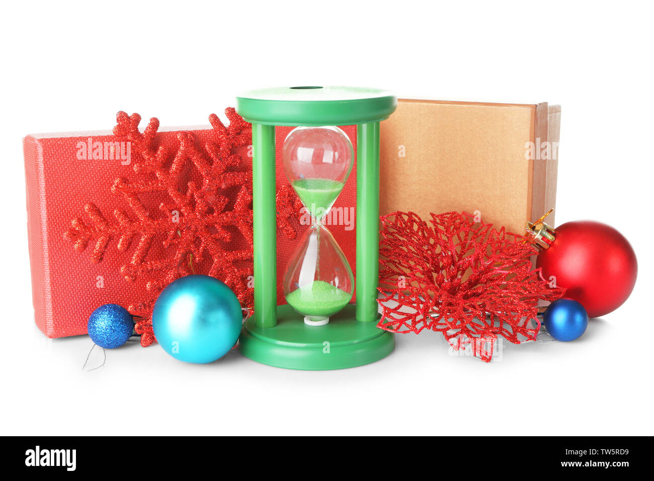Hourglass and decorations on white background.Christmas countdown ...