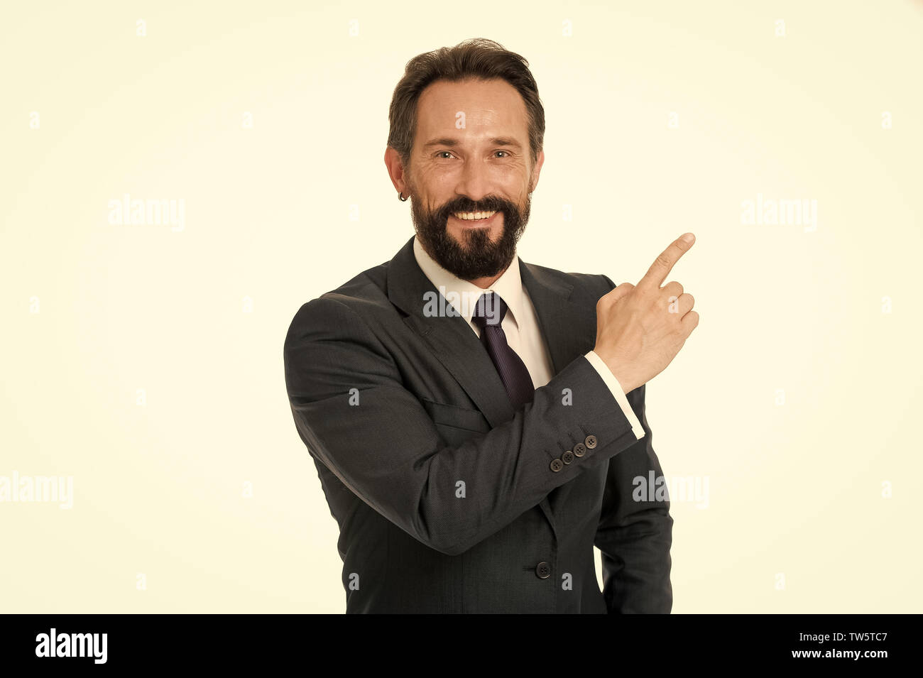 Businessman or manager shows direction. Look at that advertisement ...