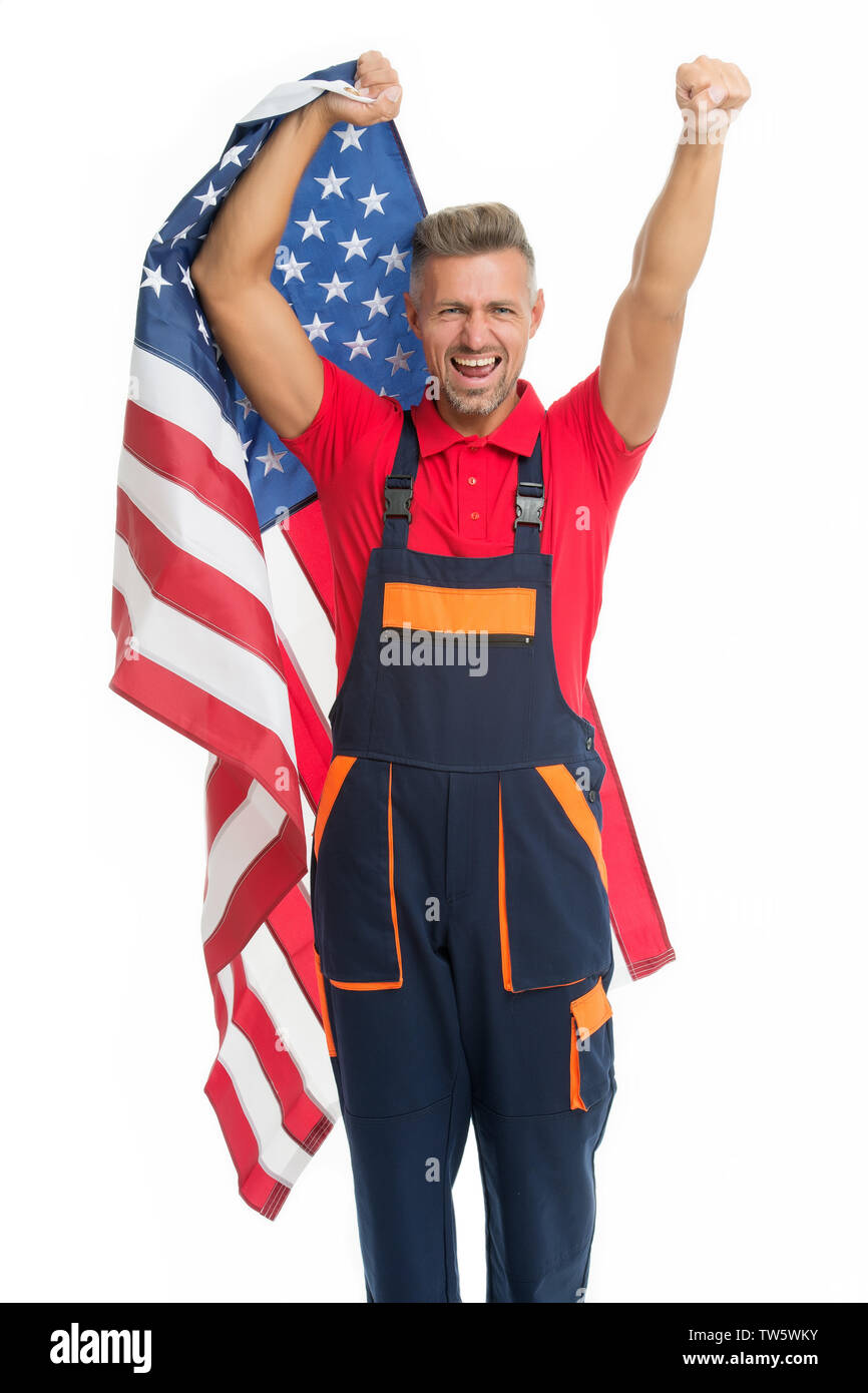 Work visa USA. Man cheerful laborer hold american flag. Repair and ...
