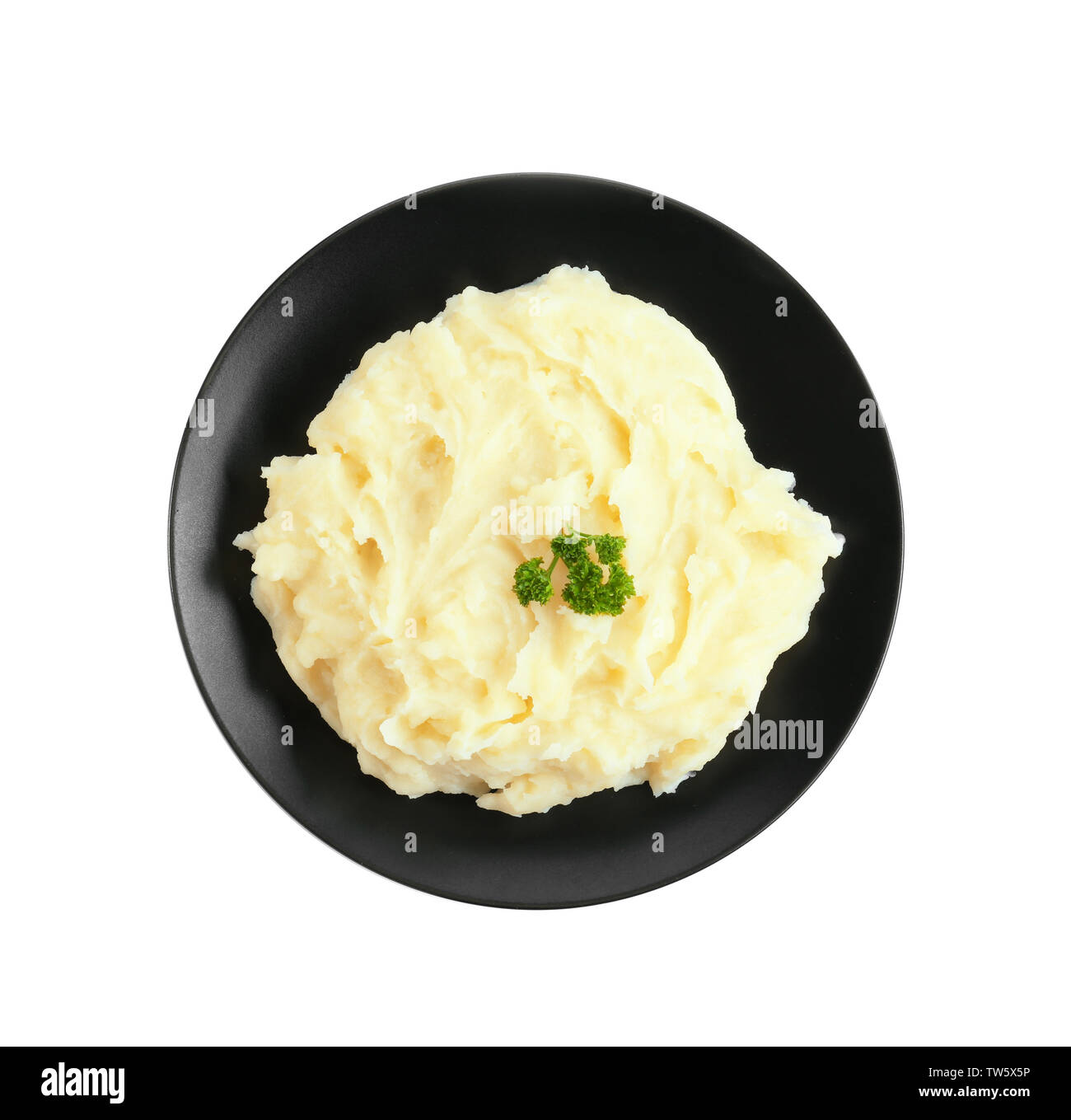 Black plate with mashed potatoes on white background Stock Photo - Alamy