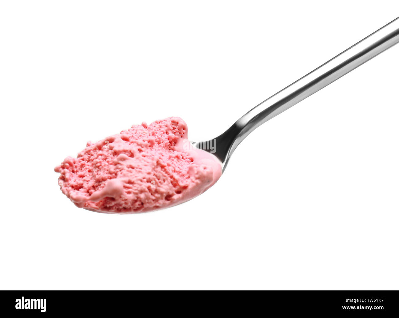 Spoon with delicious strawberry ice-cream on white background Stock ...