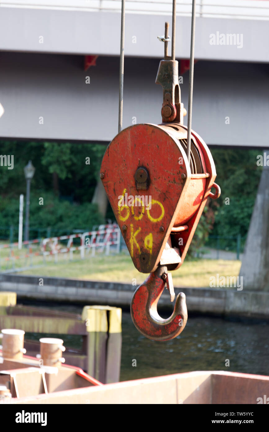 hook of crane with load limit sprayed on Stock Photo - Alamy