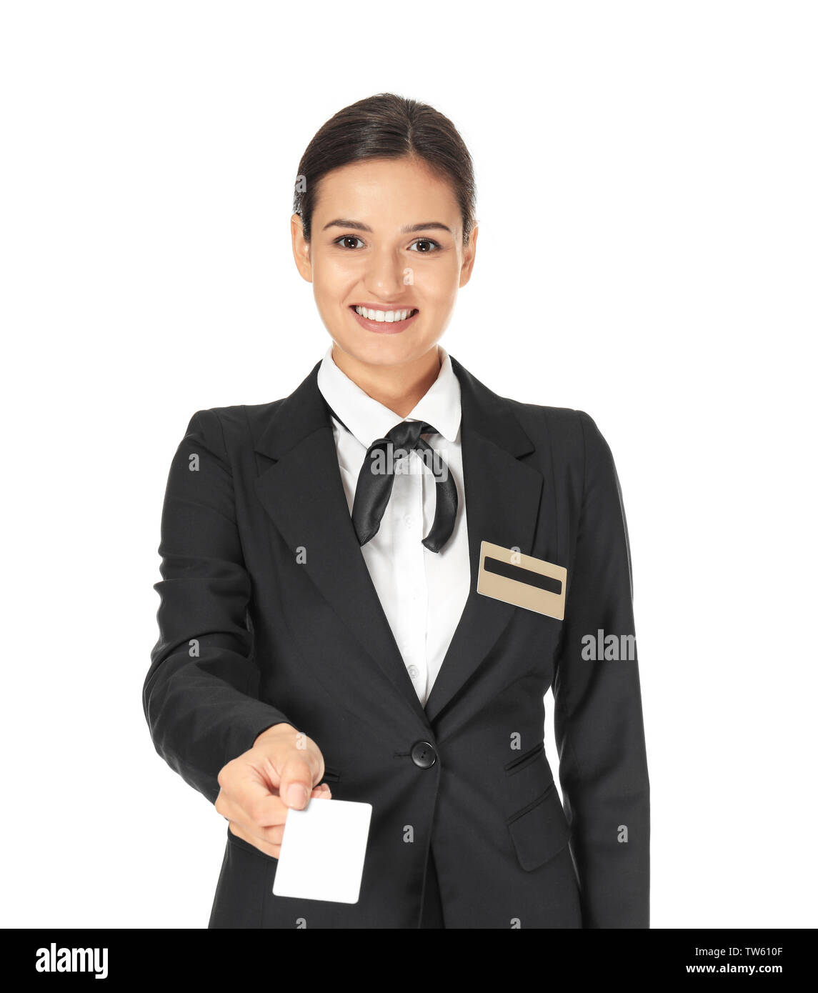 Female hotel receptionist with card on white background Stock Photo - Alamy
