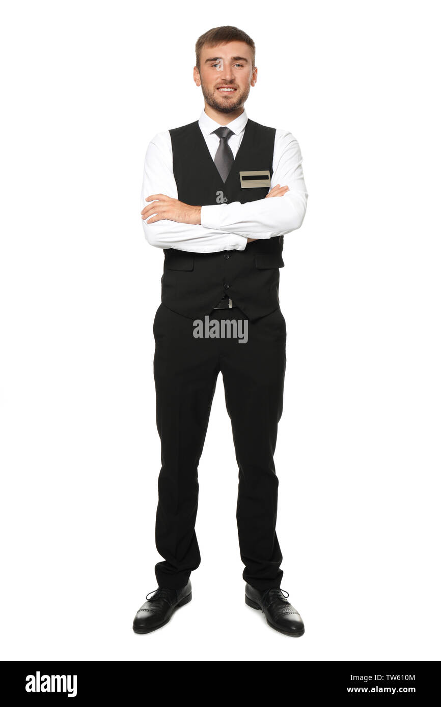 Male hotel receptionist in uniform on white background Stock Photo - Alamy
