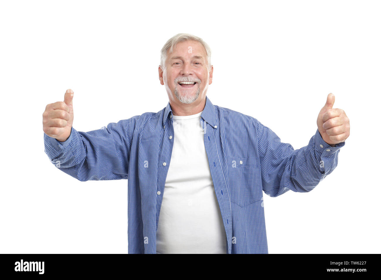 Happy elderly man showing thumbs up on white background Stock Photo - Alamy