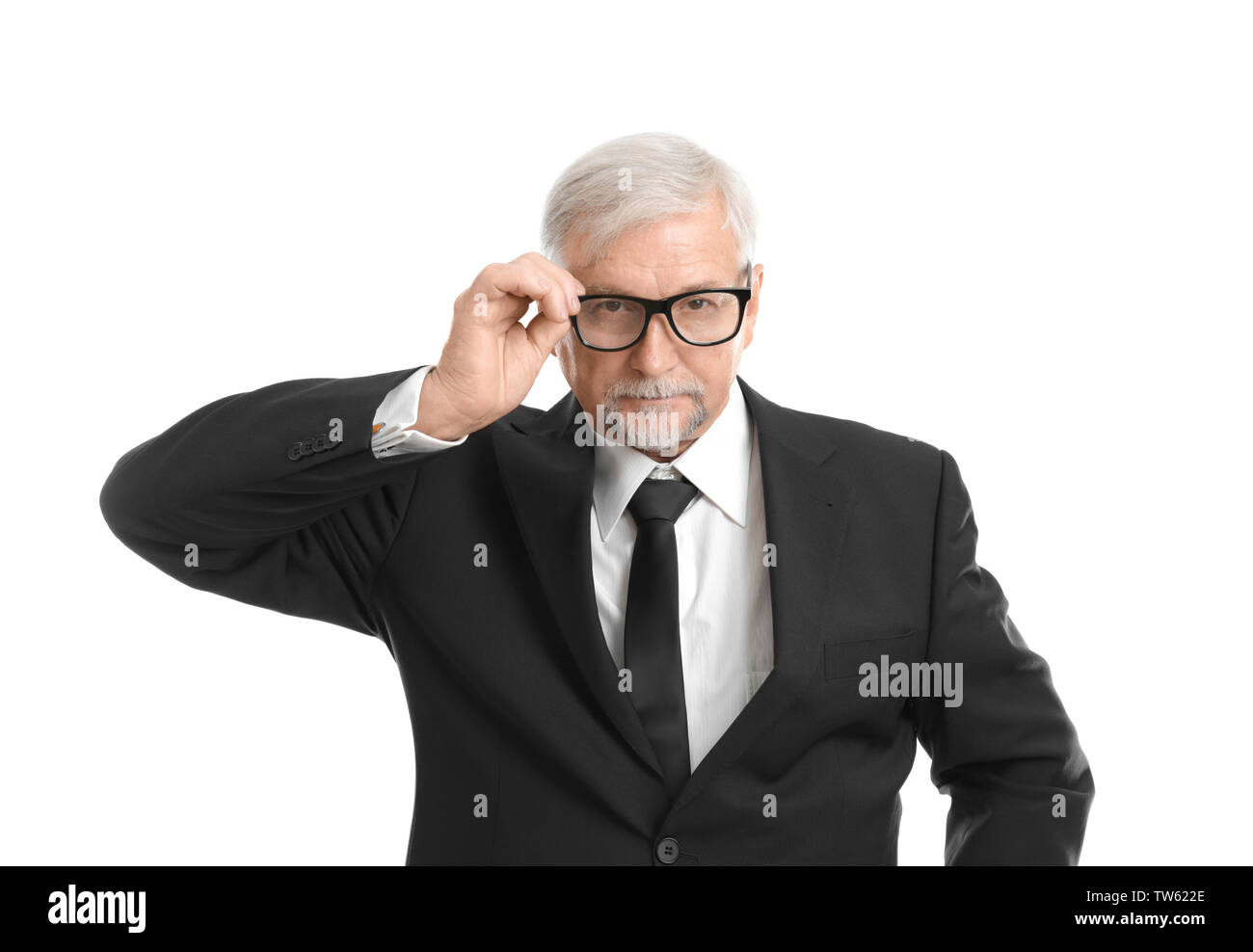 Elderly man with glasses on white background Stock Photo - Alamy