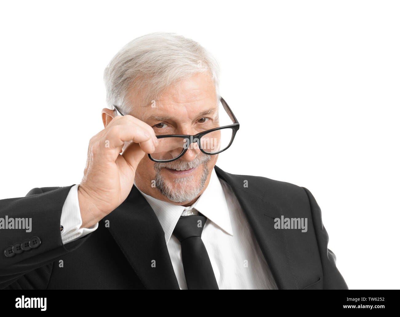Elderly man with glasses on white background Stock Photo - Alamy